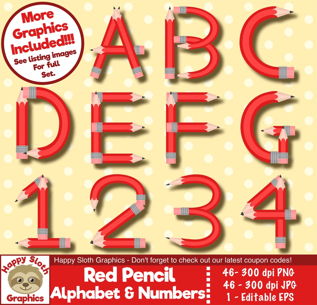Red Pencil Alphabet Clipart Set, Personal and Commercial Use Vector ...