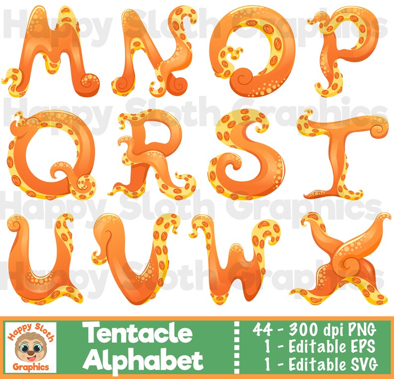 Orange Tentacle Alphabet Clipart Set, Personal and Commercial Use ...