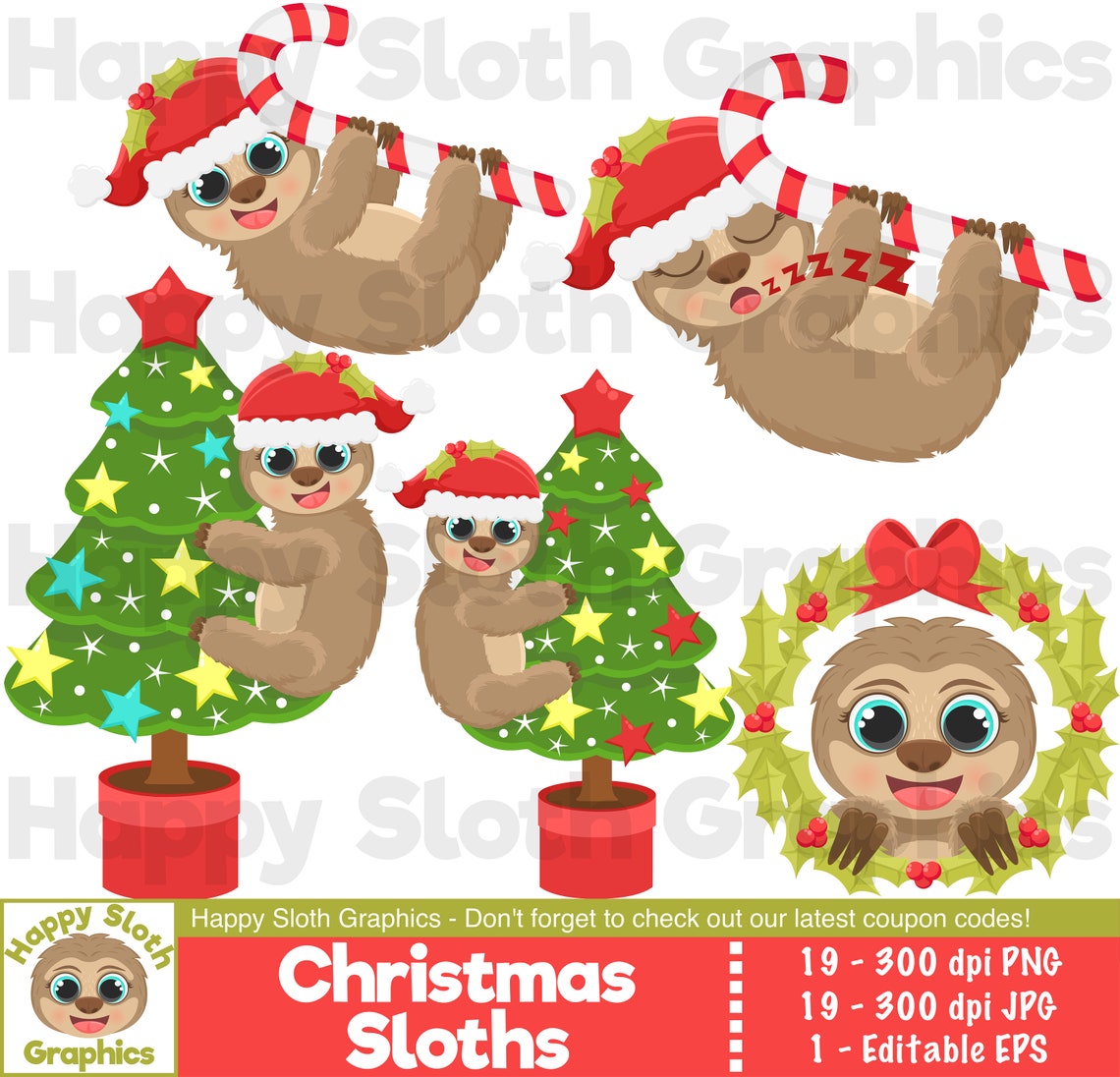 Christmas Sloths Clipart Set, Personal and Commercial Use Vector ...