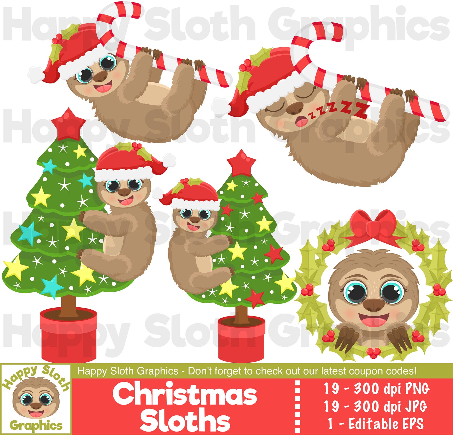Christmas Sloths Clipart Set, Personal and Commercial Use Vector ...