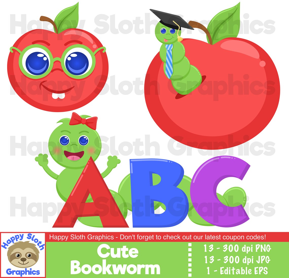 Cute Bookworms Clipart Set, Personal and Commercial Use Vector School ...