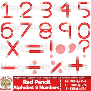 Red Pencil Alphabet Clipart Set, Personal and Commercial Use Vector ...