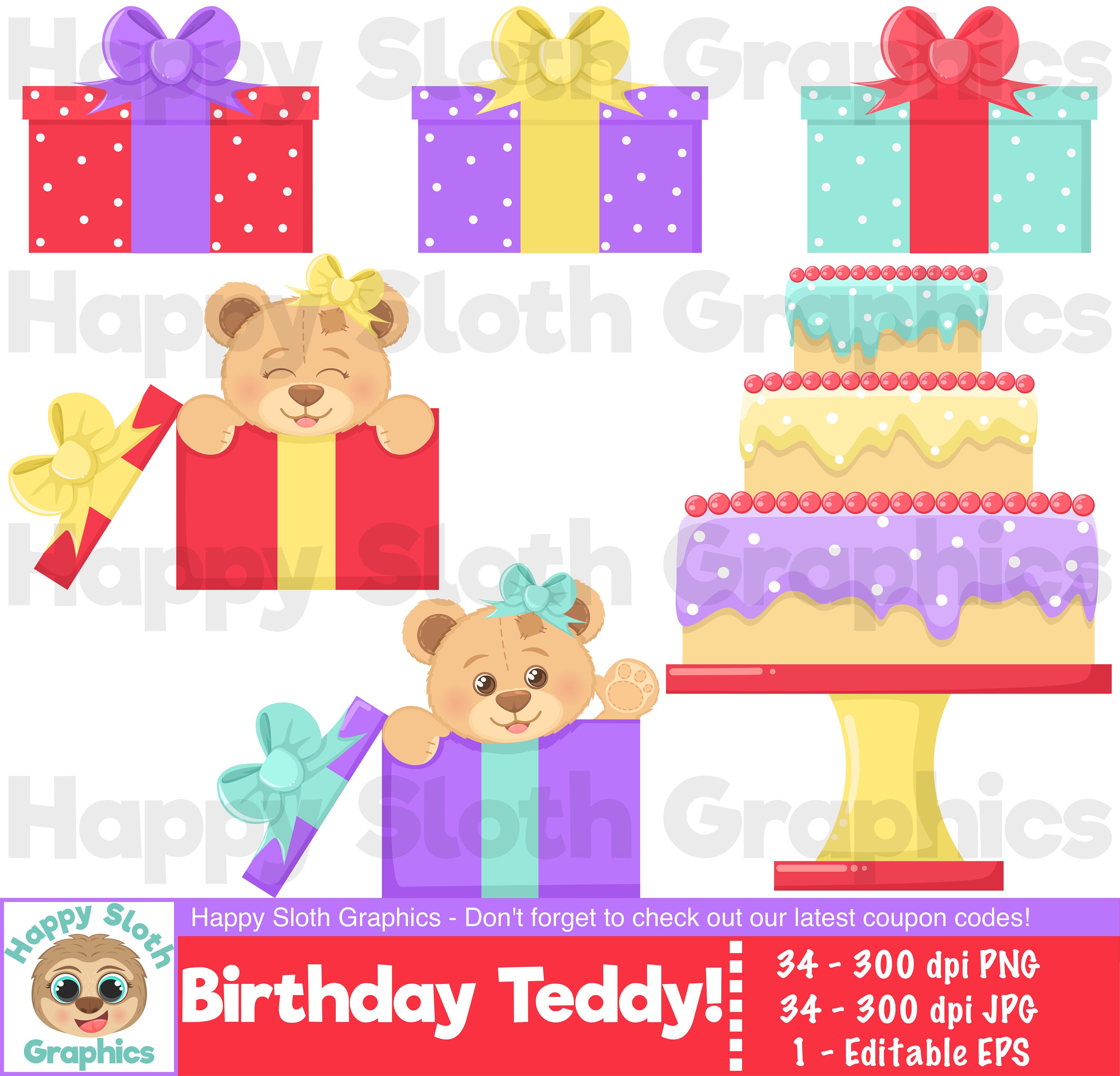 Birthday Teddy party clipart set personal and commercial use | Etsy
