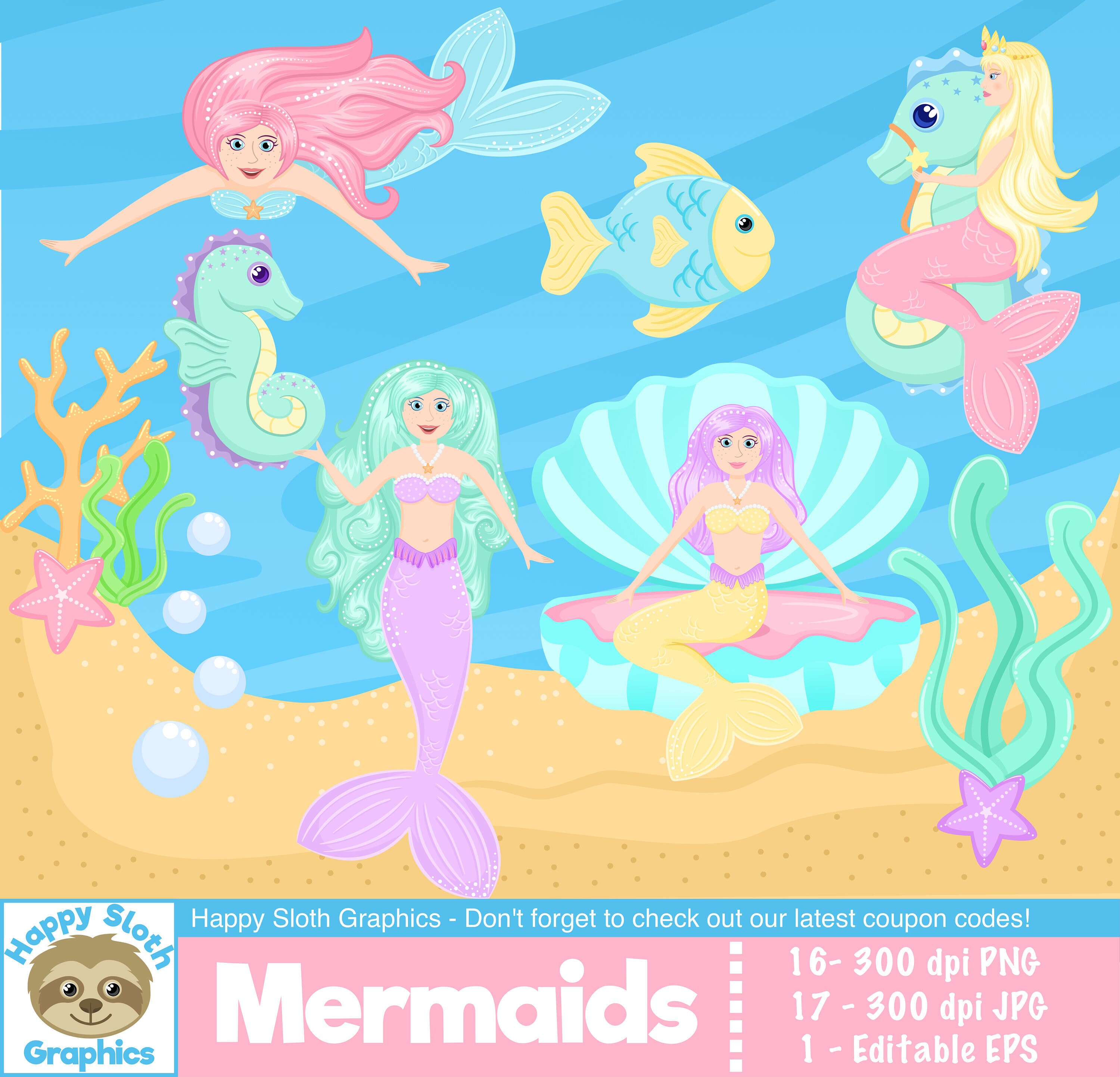 Cute Mermaids Clipart Set Personal and Commercial Use Vector - Etsy