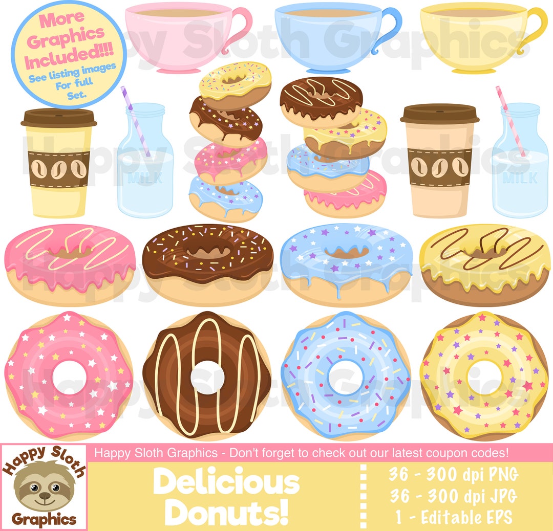 Delicious Donuts Clipart Set, Personal and Commercial Use Vector Coffee ...