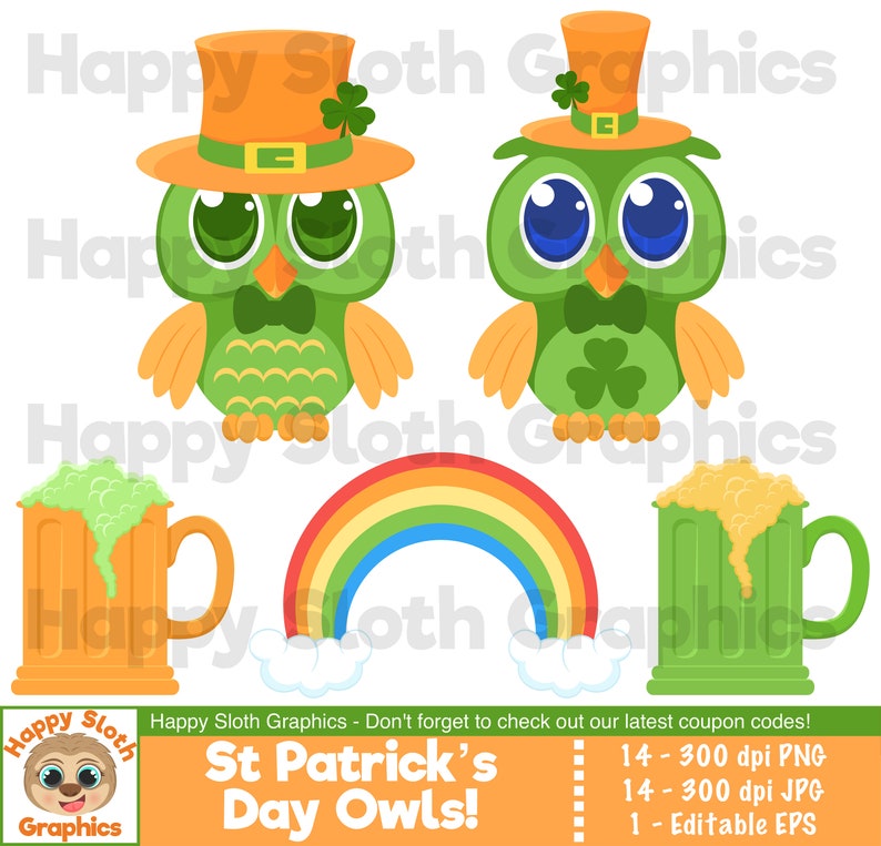 St Patricks Day Owls Clipart Set, Personal and Commercial Use Vector St ...