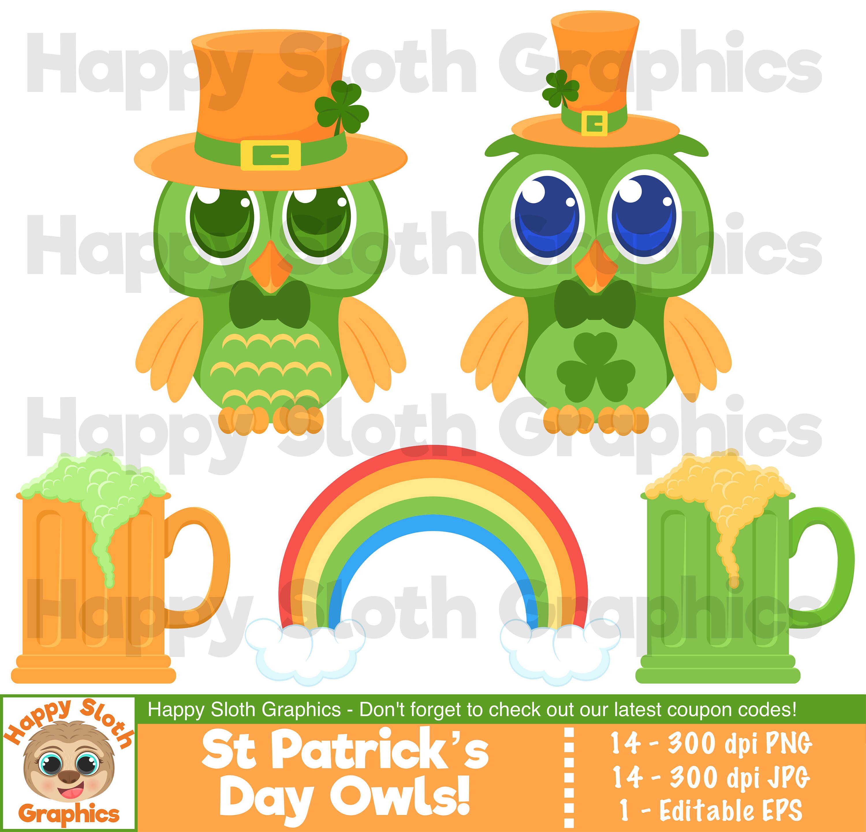St Patricks Day Owls Clipart Set, Personal and Commercial Use Vector St ...