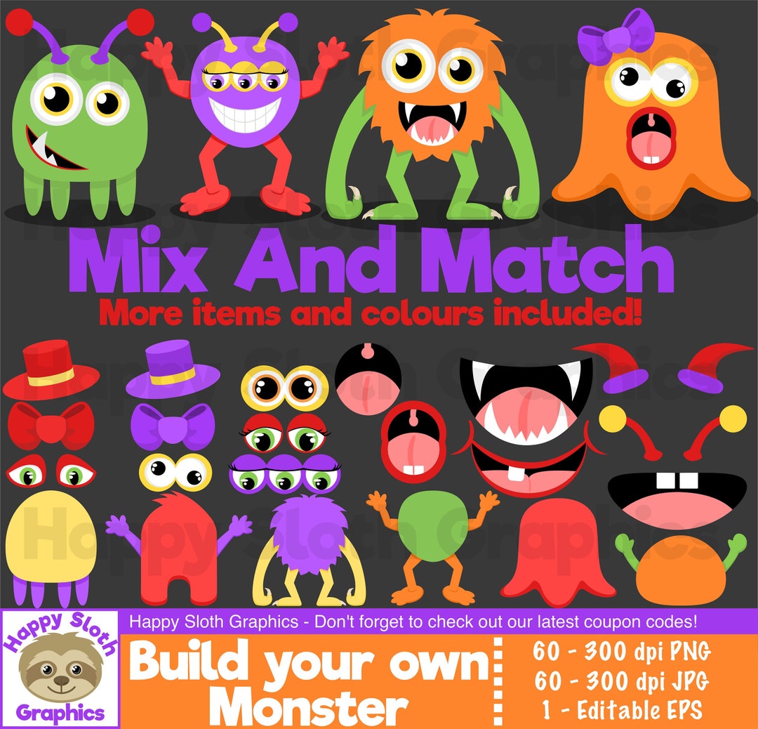Mix and Match Monster Clipart Set, Personal and Commercial Use Vector ...