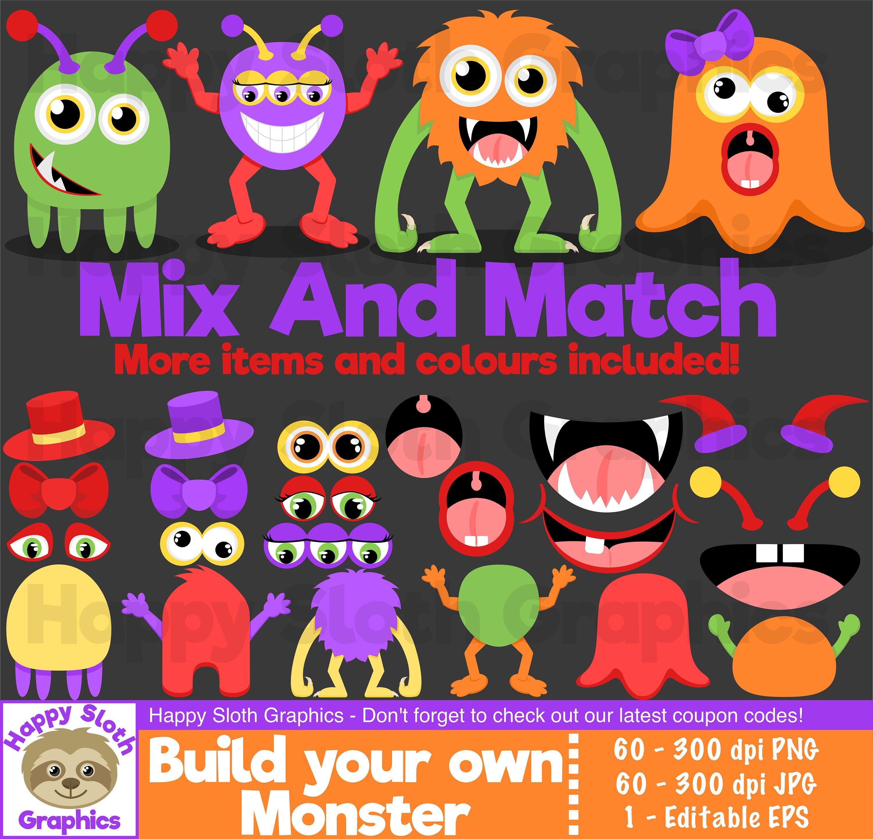 Mix and Match Monster Clipart Set, Personal and Commercial Use Vector ...