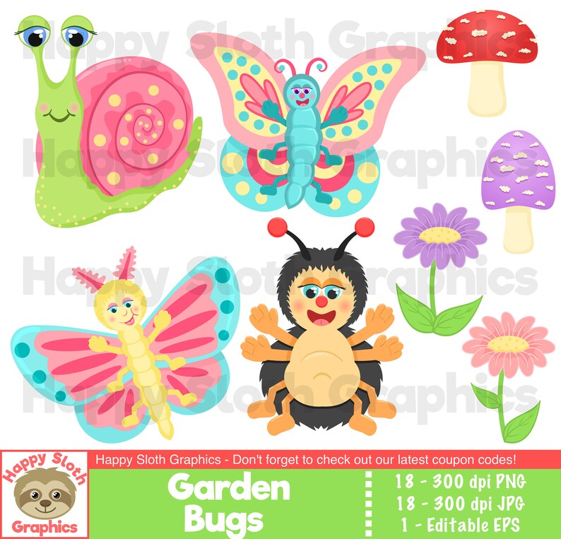 Garden Bugs Clipart Set, Personal and Commercial Use Vector Flowers ...