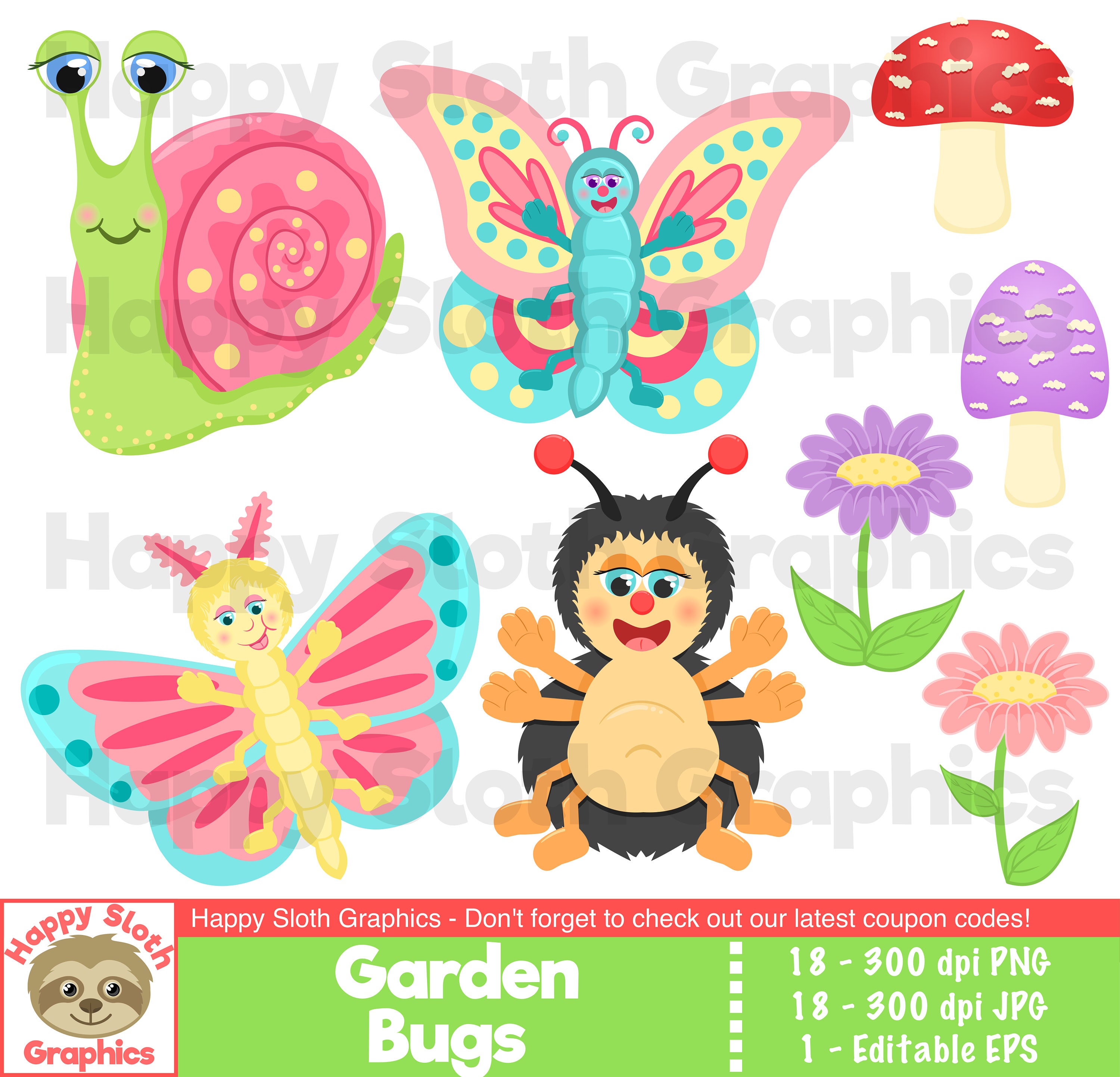 Garden Bugs Clipart Set, Personal and Commercial Use Vector Flowers ...