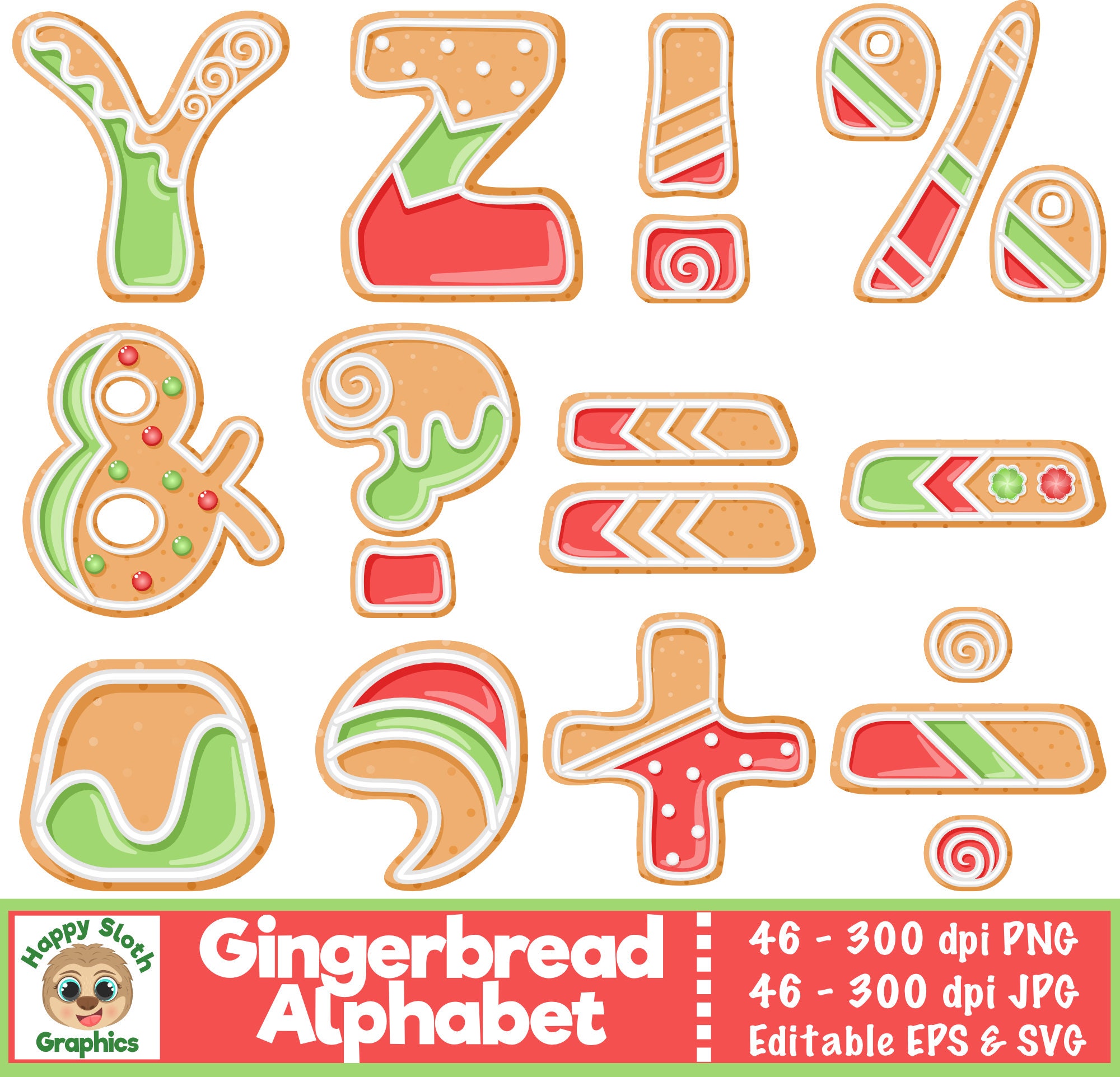 Gingerbread Alphabet Clipart Set in Red and Green, Personal and ...