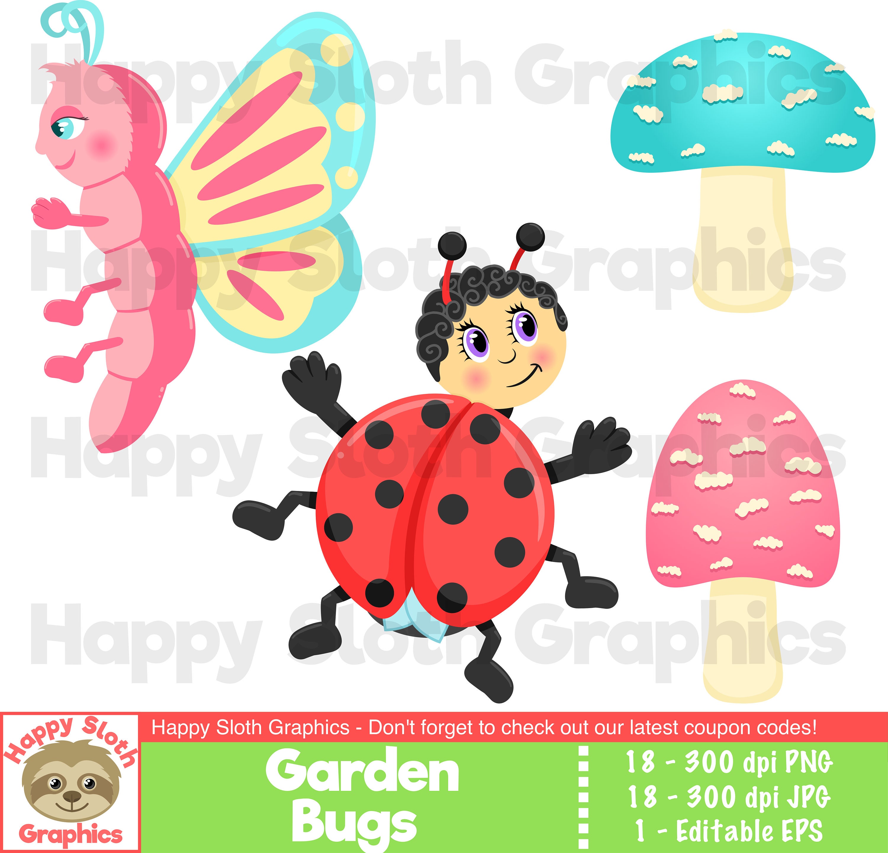 Garden Bugs Clipart Set, Personal and Commercial Use Vector Flowers ...