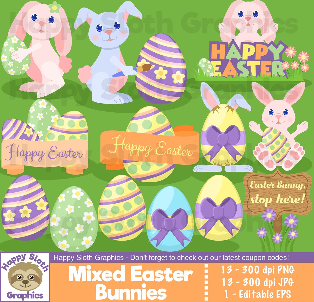 Easter Bunnies in Mixed Colours Clipart Set, Personal and Commercial ...