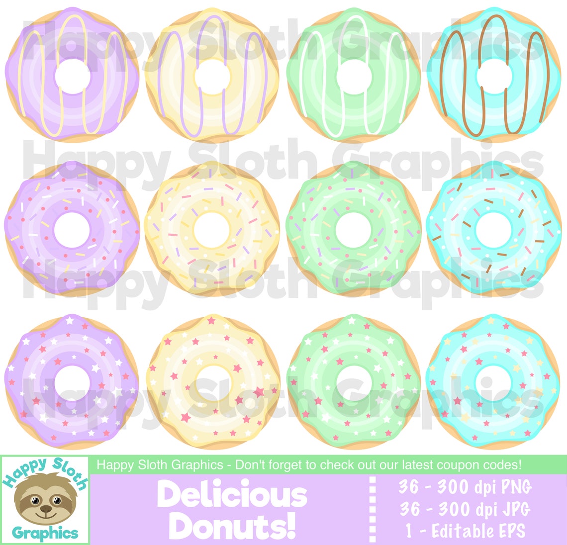 Delicious Donuts Pastel Clipart Set, Personal and Commercial Use Vector ...