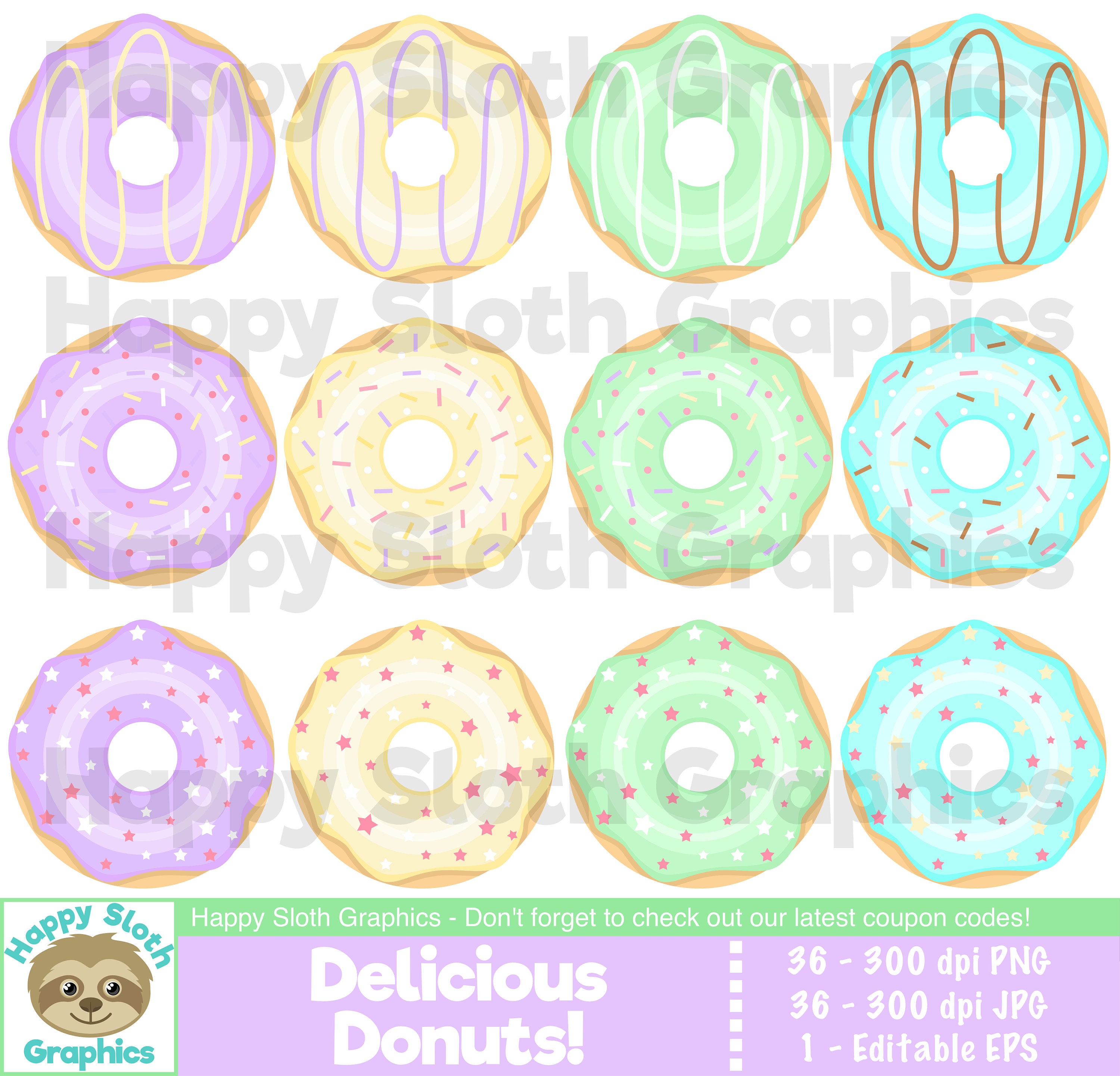 Delicious Donuts Pastel Clipart Set, Personal and Commercial Use Vector ...