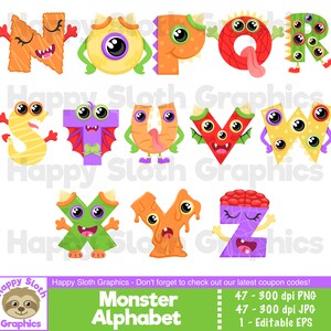 Monster Alphabet Clipart Set, Personal and Commercial Use Vector ...