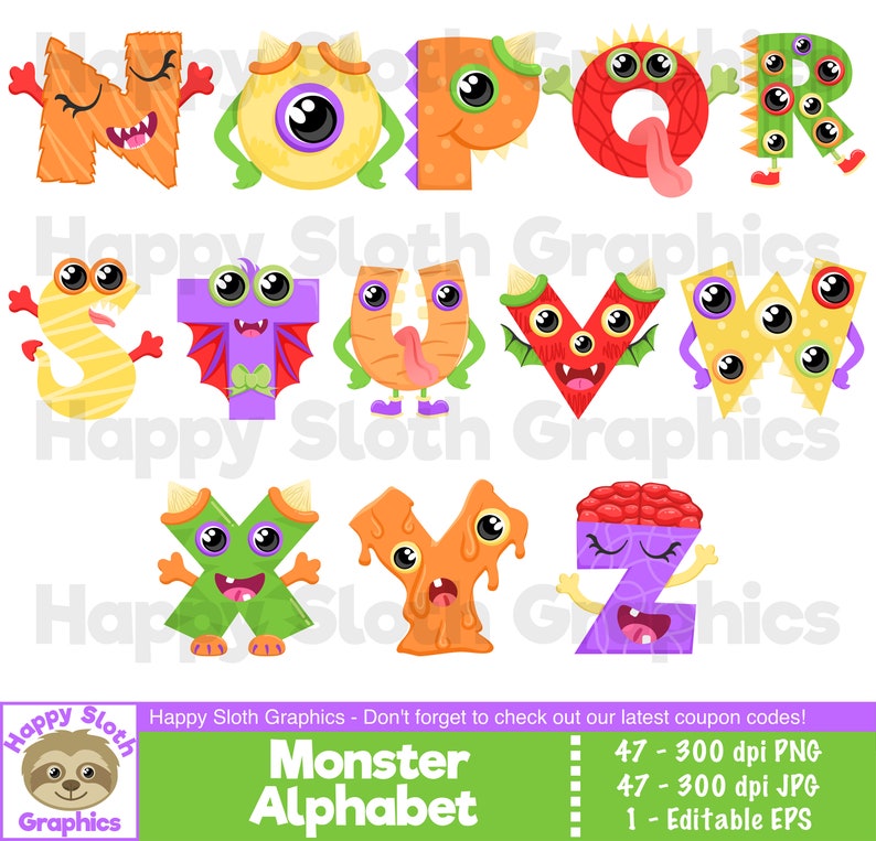 Monster Alphabet Clipart Set, Personal and Commercial Use Vector ...