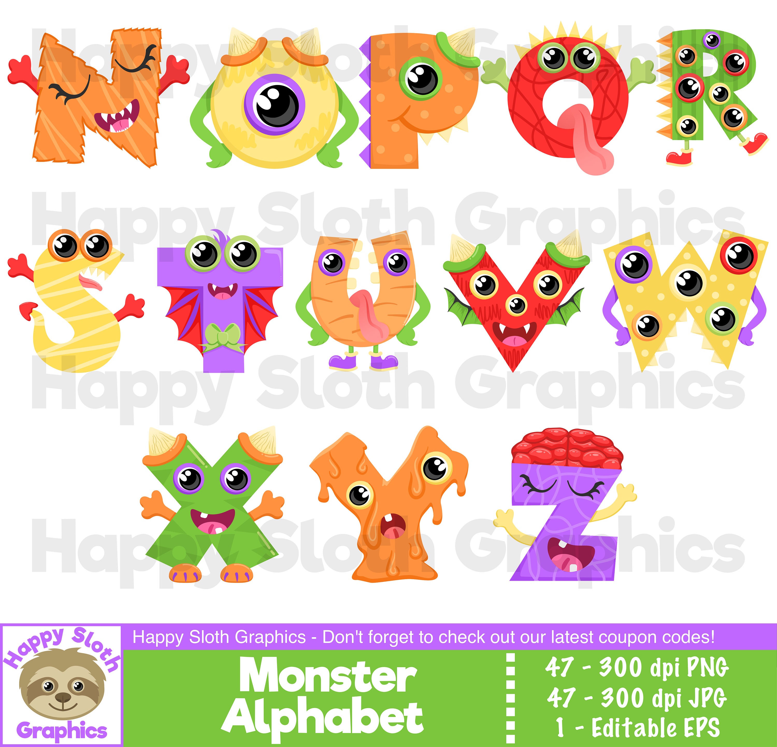 Monster Alphabet Clipart Set, Personal and Commercial Use Vector ...