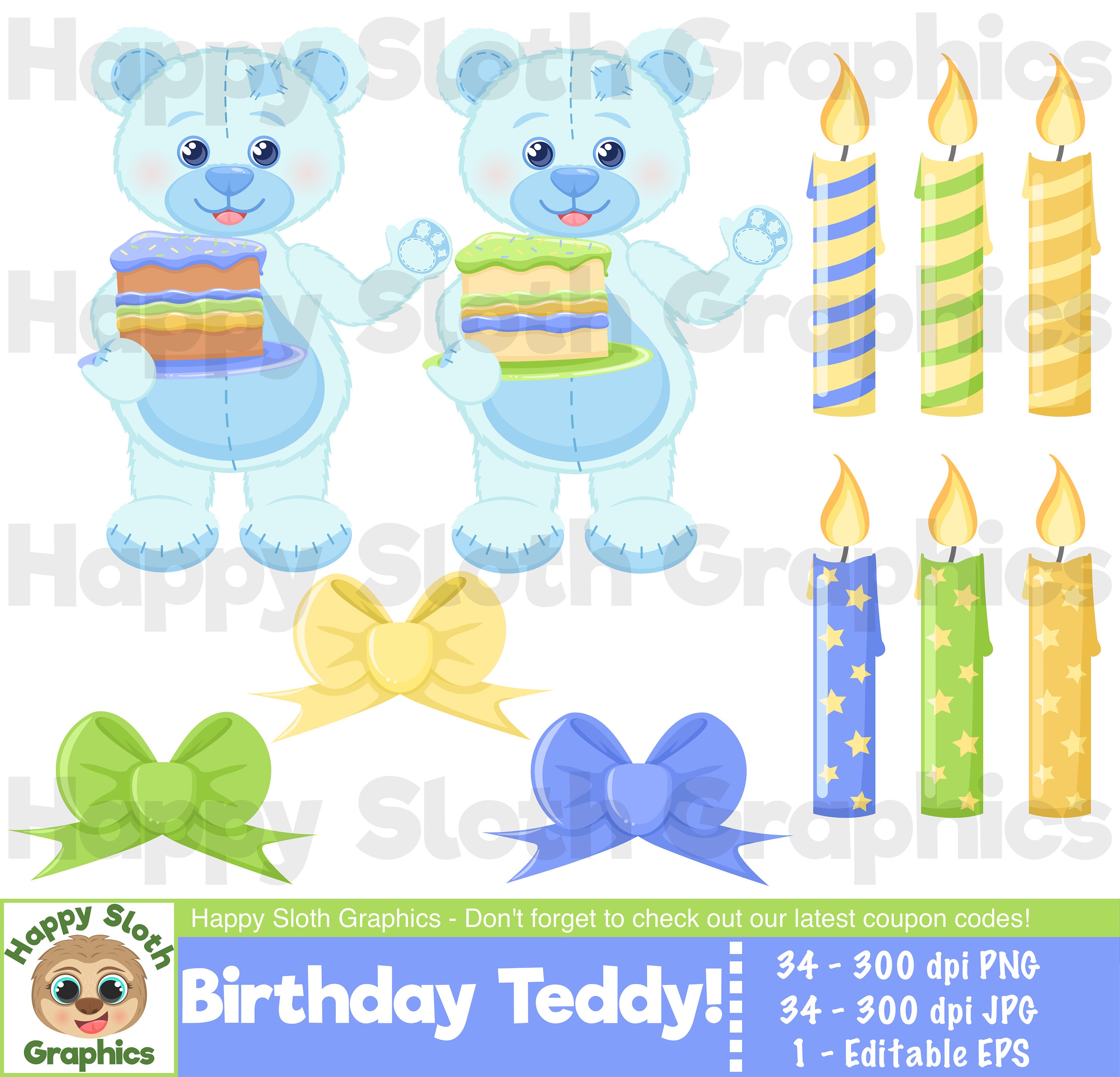 Birthday Teddy Blue Party Clipart Set Personal and Commercial - Etsy
