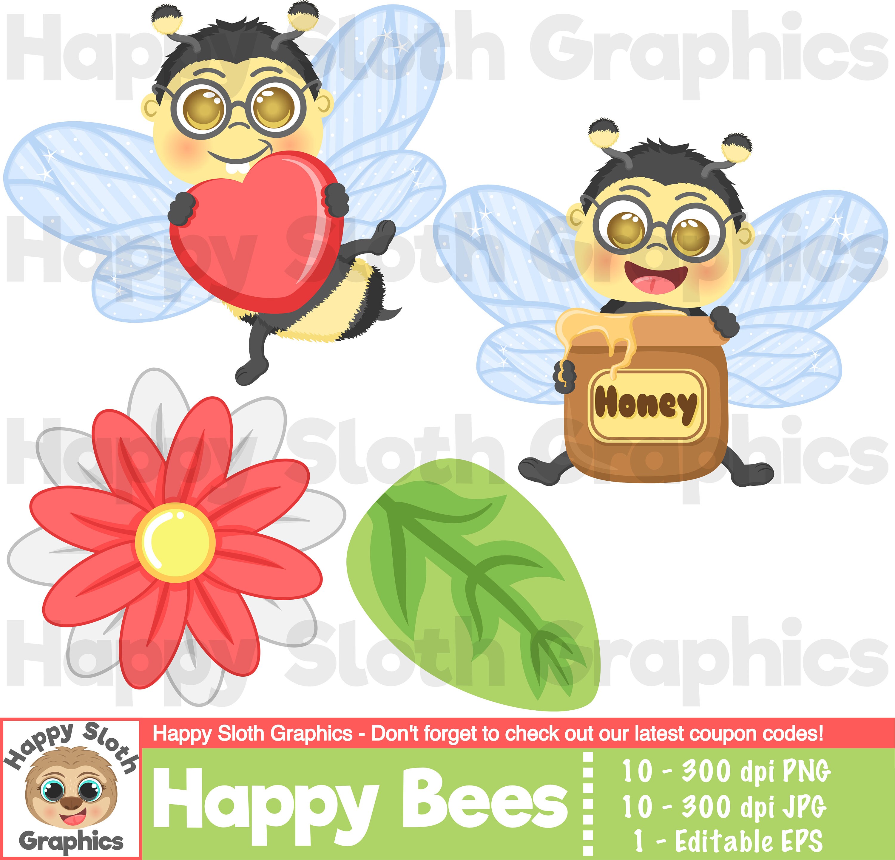 Happy Bees Clipart Set, Personal and Commercial Use Vector Animals ...
