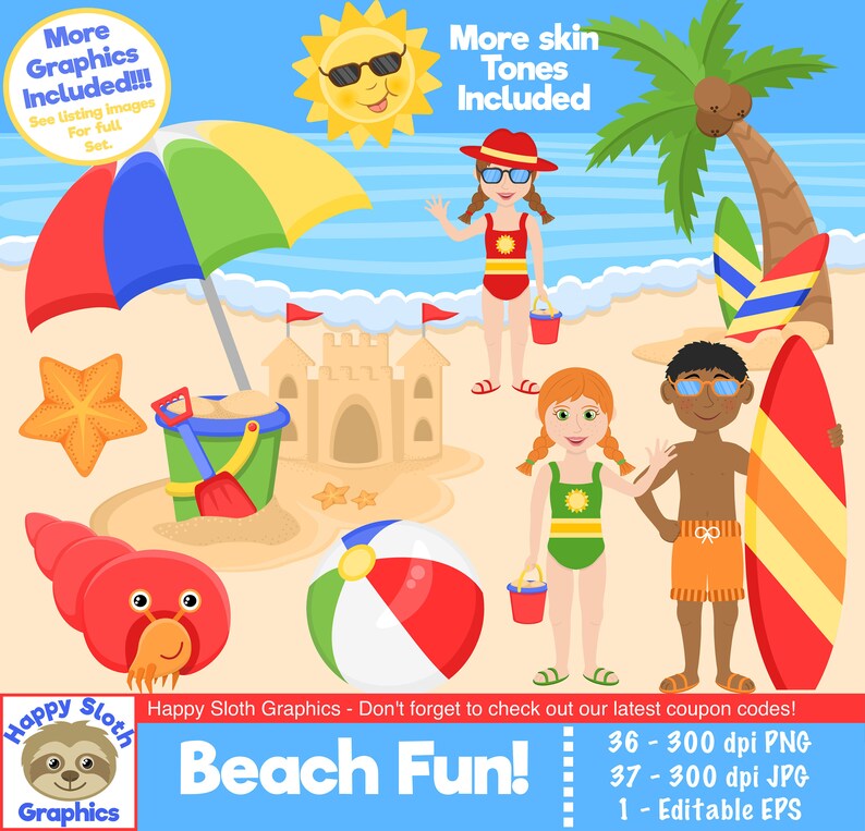 Beach Fun Clipart Set, Personal and Commercial Use Vector Seaside ...