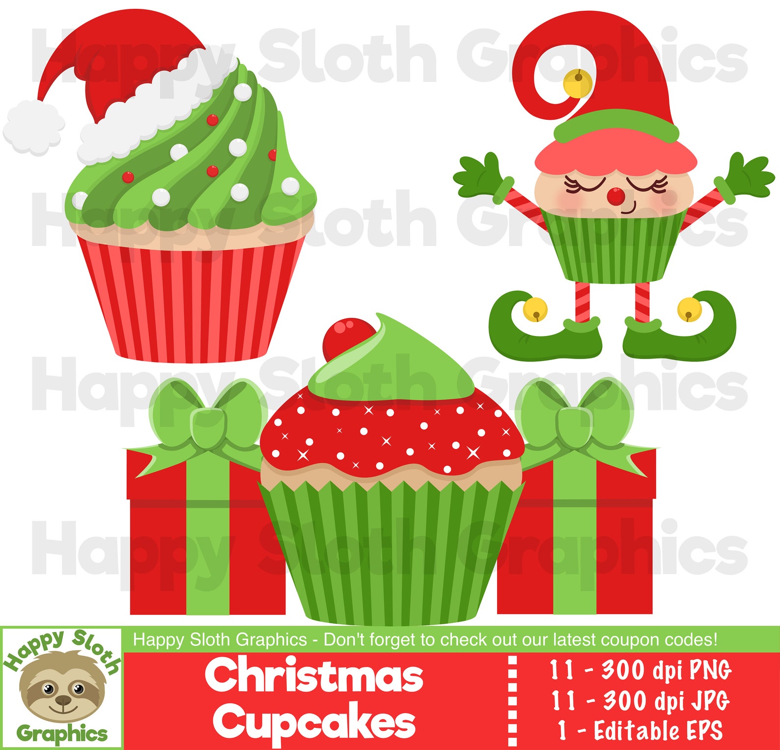 Christmas Cupcakes Clipart Set, Personal and Commercial Use Vector Food ...
