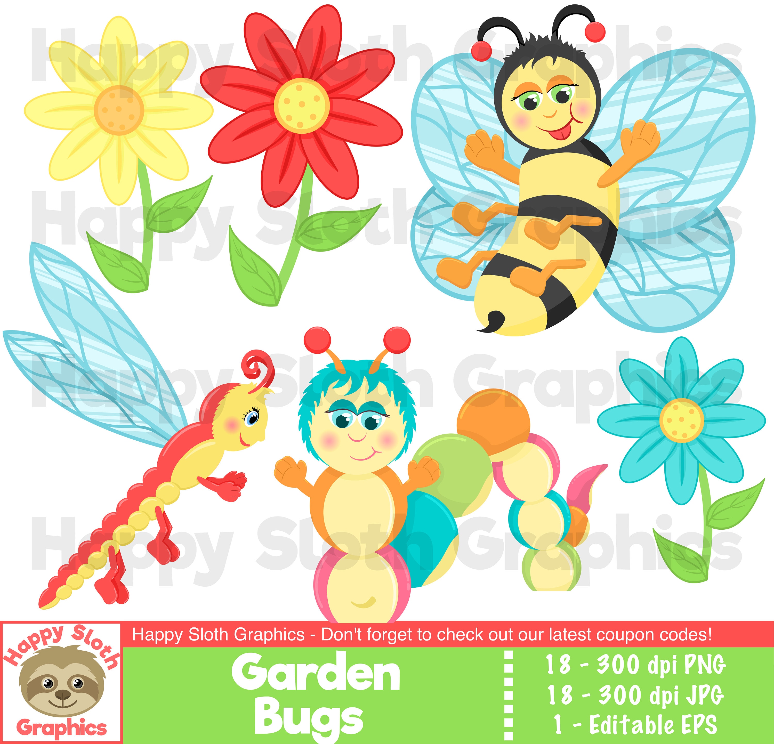 Garden Bugs Clipart Set, Personal and Commercial Use Vector Flowers ...