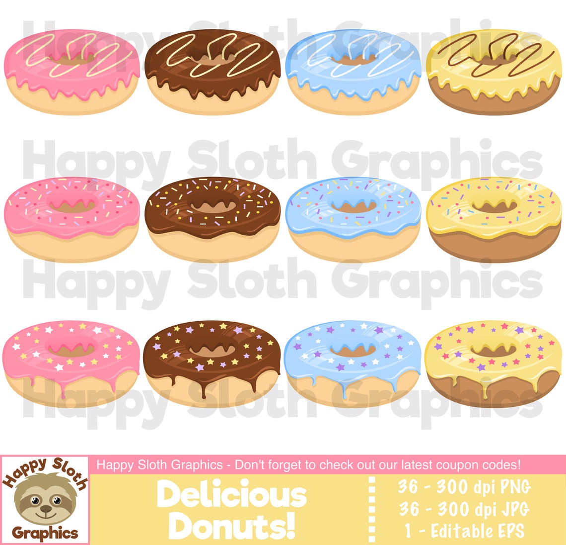 Delicious Donuts Clipart Set, Personal and Commercial Use Vector Coffee ...