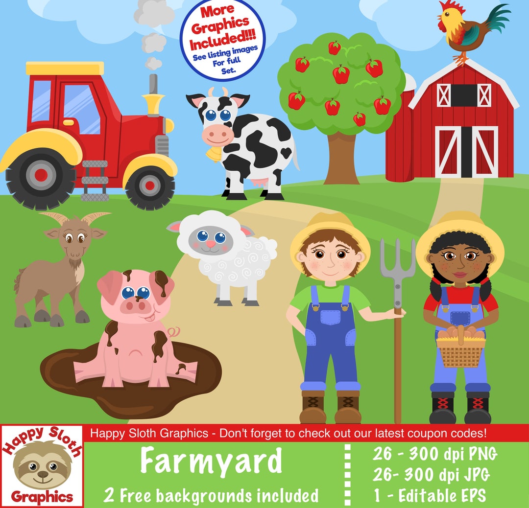 Farmyard Clipart Set, Personal and Commercial Use Vector Farmer Digital ...