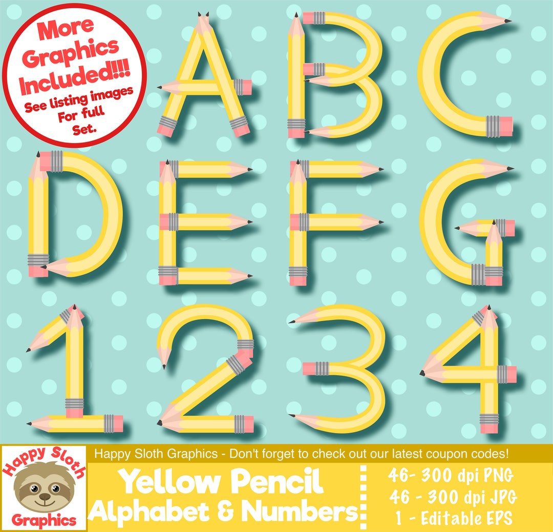 Yellow Pencil Alphabet Clipart Set, Personal and Commercial Use Vector ...