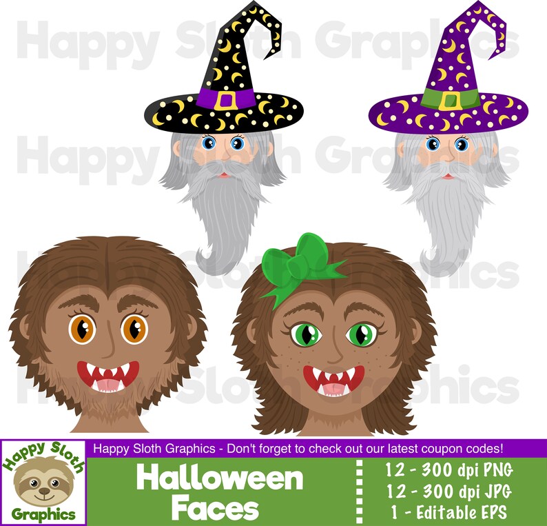 Halloween Faces Clipart Set, Personal and Commercial Use Vector ...