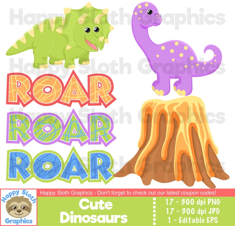 Cute Dinosaurs Clipart Set, Personal and Commercial Use Vector Dinosaur ...