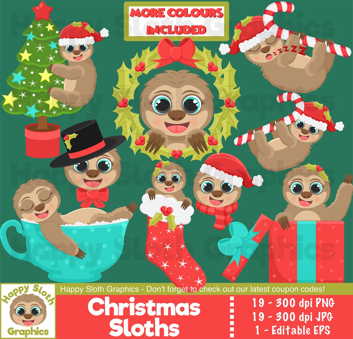 Christmas Sloths Clipart Set, Personal and Commercial Use Vector ...