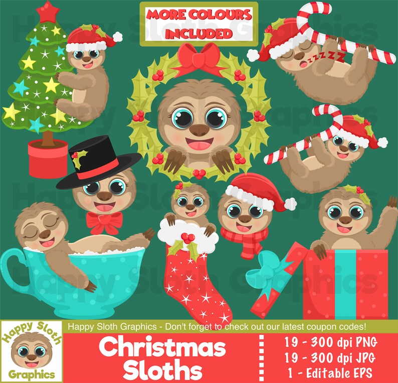 Christmas Sloths Clipart Set, Personal and Commercial Use Vector ...