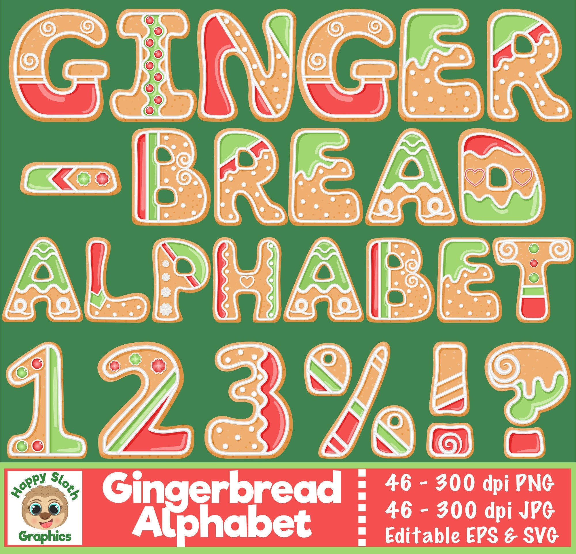 Gingerbread Alphabet Clipart Set in Red and Green, Personal and ...