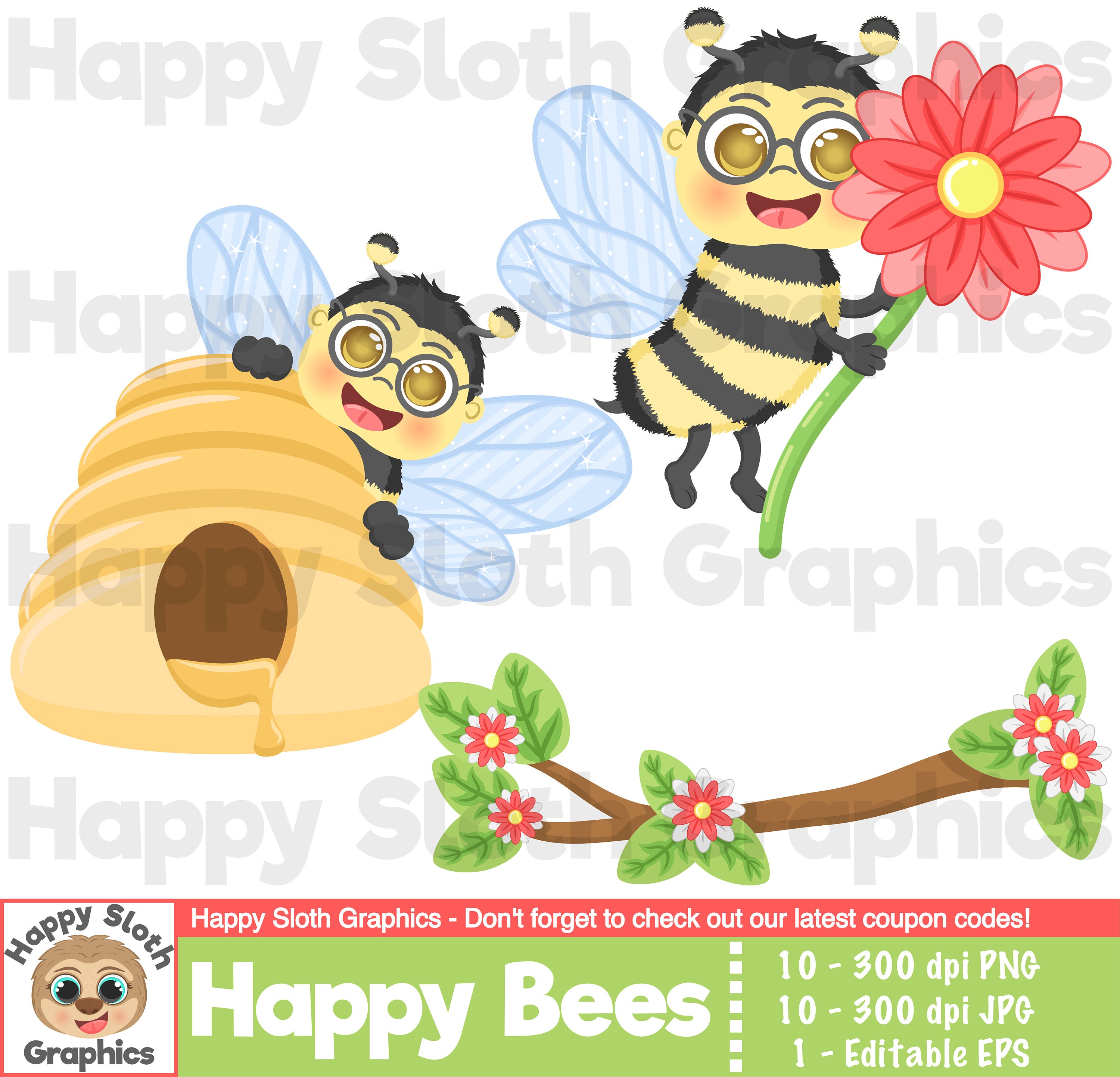 Happy Bees Clipart Set, Personal and Commercial Use Vector Animals ...