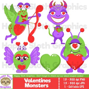 Valentines Monsters Clipart Set, Personal and Commercial Use Vector ...