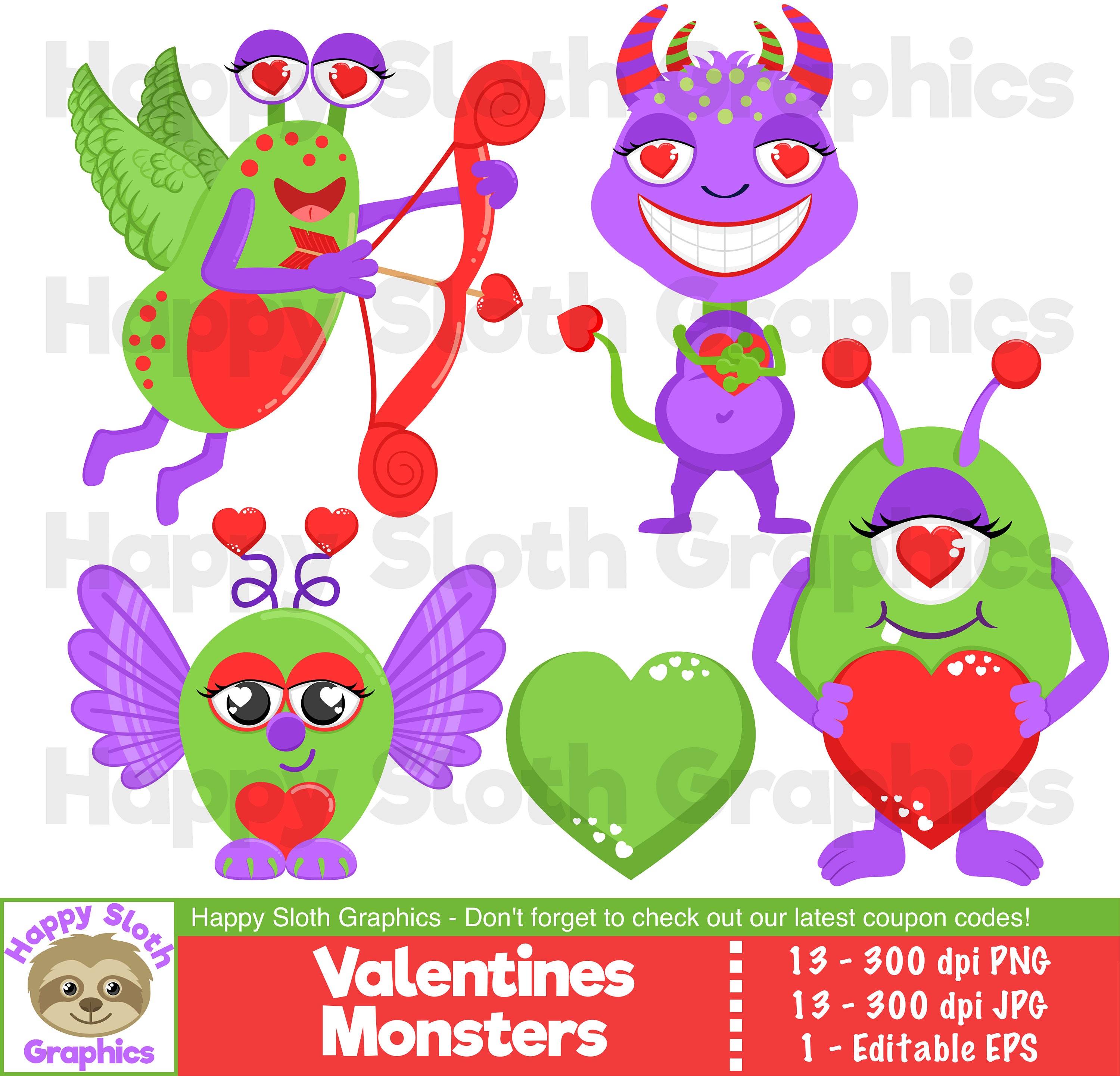 Valentines Monsters Clipart Set Personal and Commercial Use - Etsy