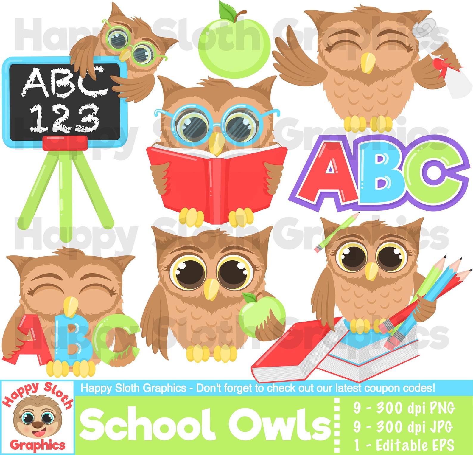 School Owls Clipart Set Personal and Commercial Use Vector - Etsy