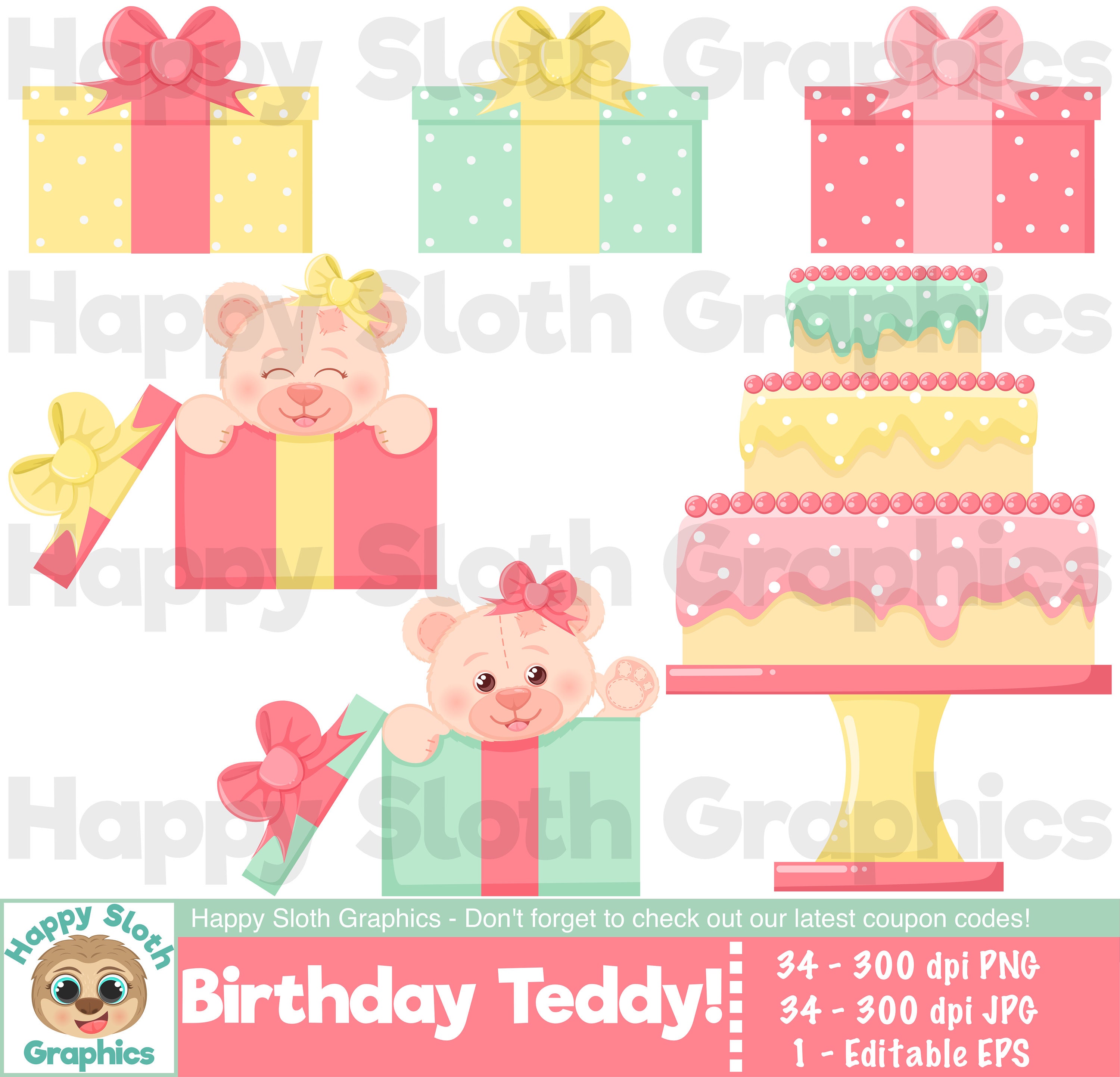 Birthday Teddy Pink Party Clipart Set Personal and Commercial - Etsy