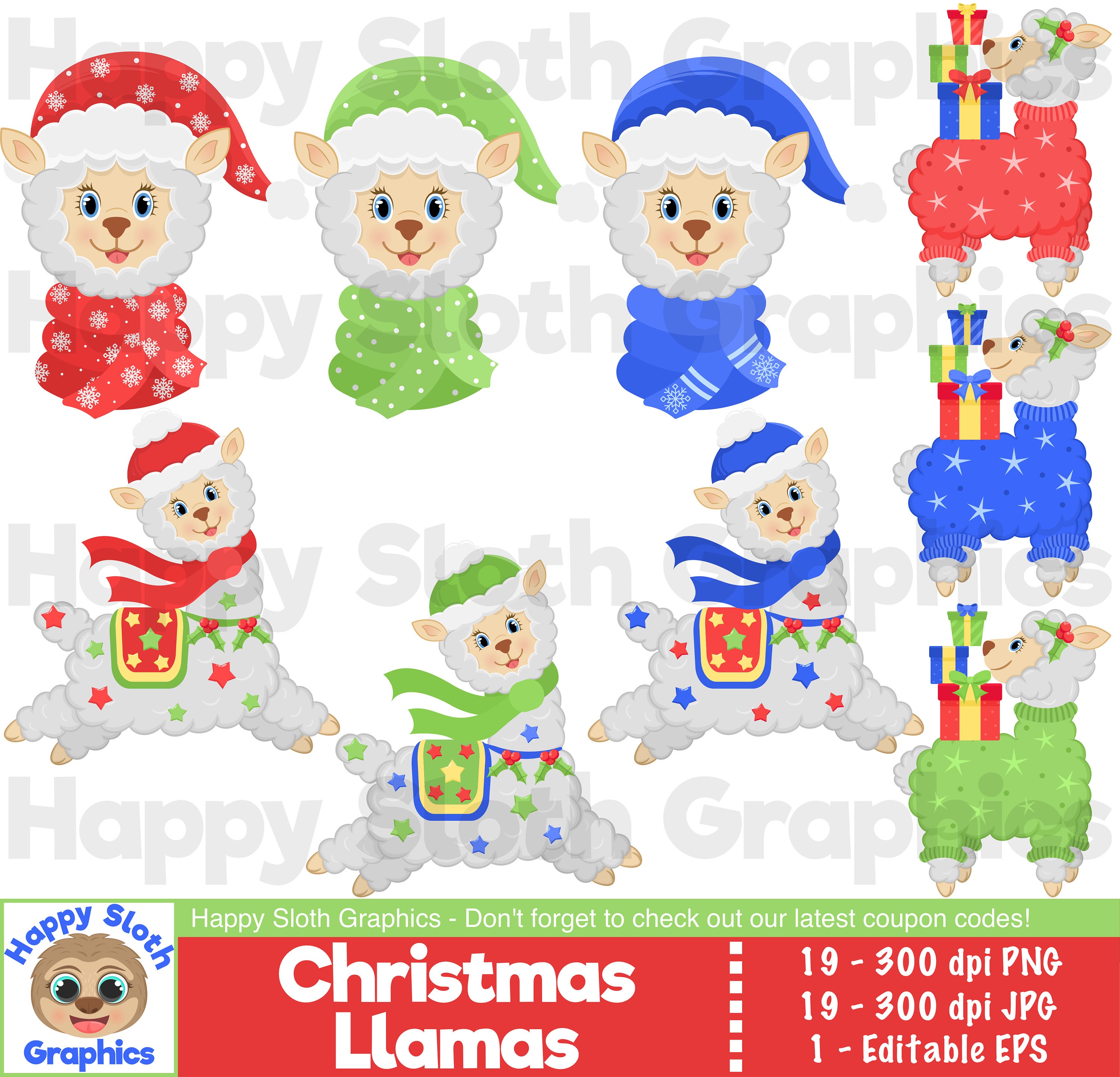 Christmas Llama Clipart Set, Personal and Commercial Use Vector Alpaca ...