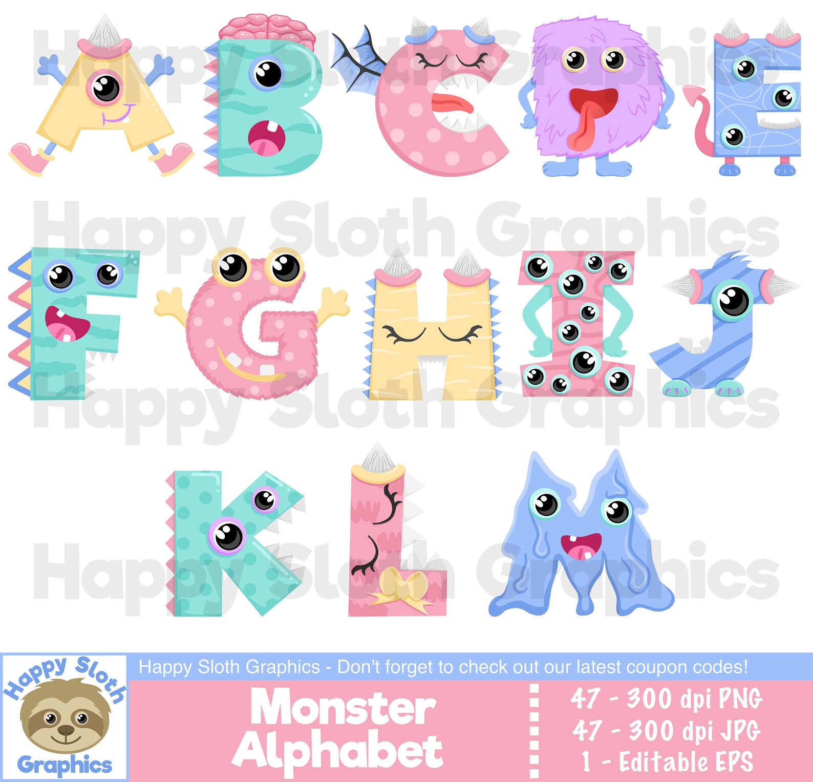 Pastel Monster Alphabet Clipart Set, Personal and Commercial Use Vector ...