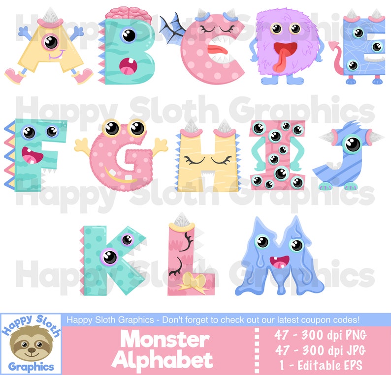 Pastel Monster Alphabet Clipart Set, Personal and Commercial Use Vector ...
