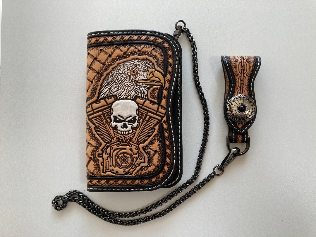 Handmade Biker Wallet in Embossed Leather 16cm Pattern: Engine With ...