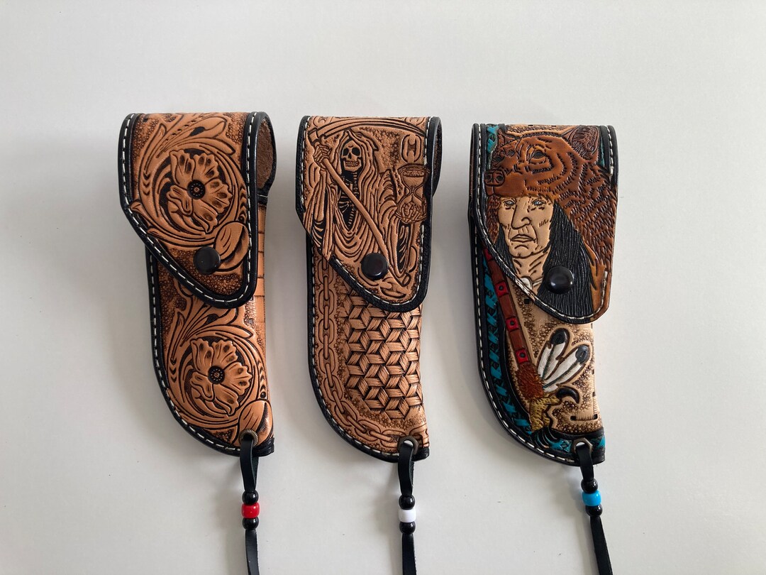 Vertical Embossed Leather Belt Sheath for Folding Knife - Etsy