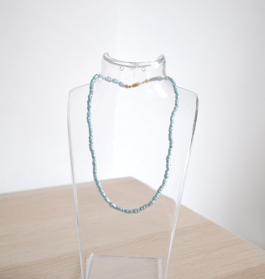 Retro Vintage 90s Pale Blue Faux Pearl Odd Shape Tube Bead Metallic ...