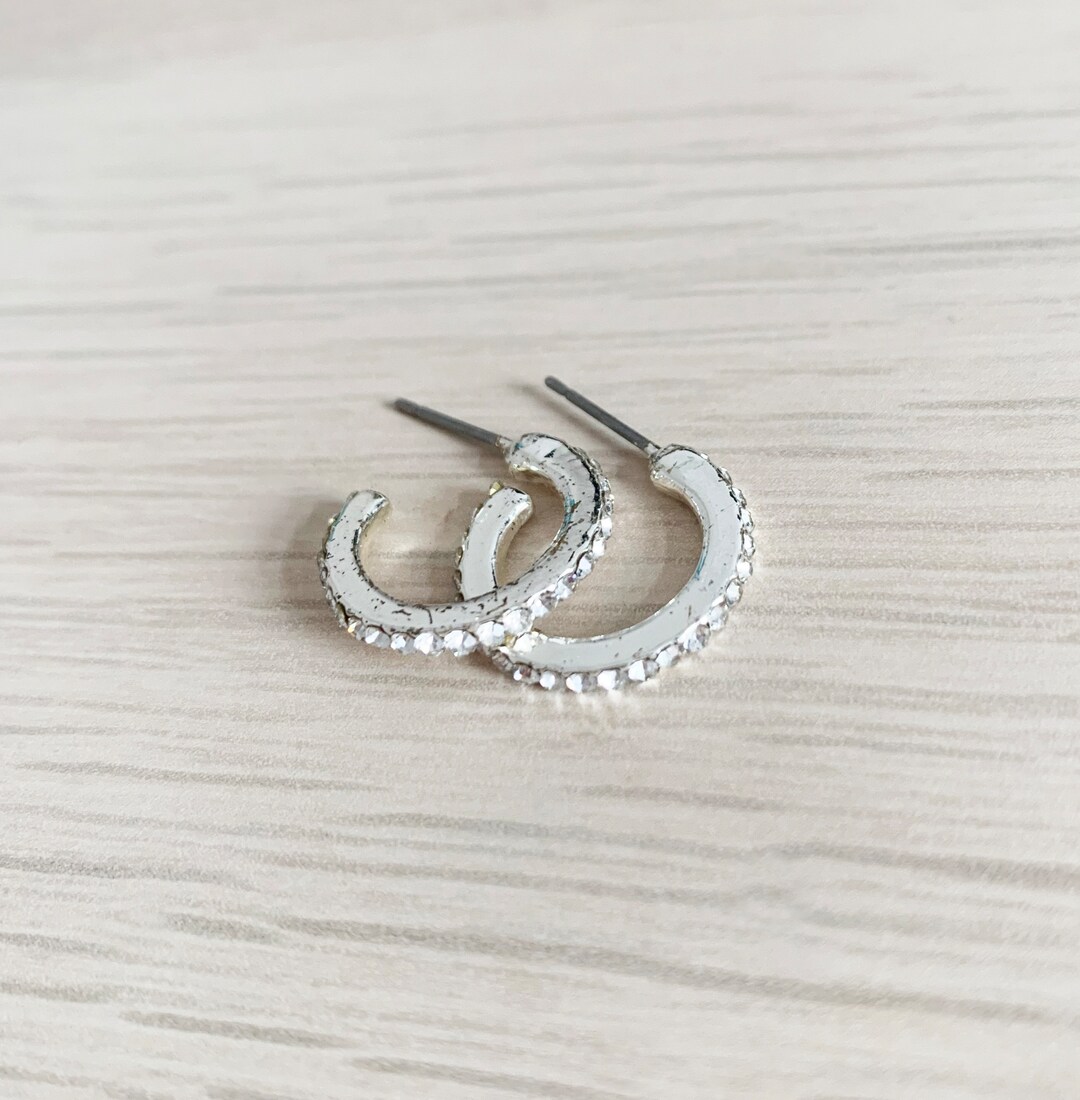 Vintage Retro 90s Silver Round Circle Clear Crystal Rhinestone Single ...