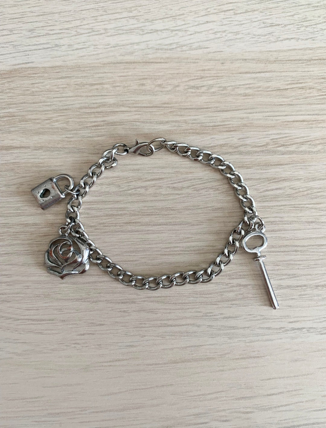 Retro Vintage 90s Silver Key Padlock Rose Flower Floral Cut Out Curb ...