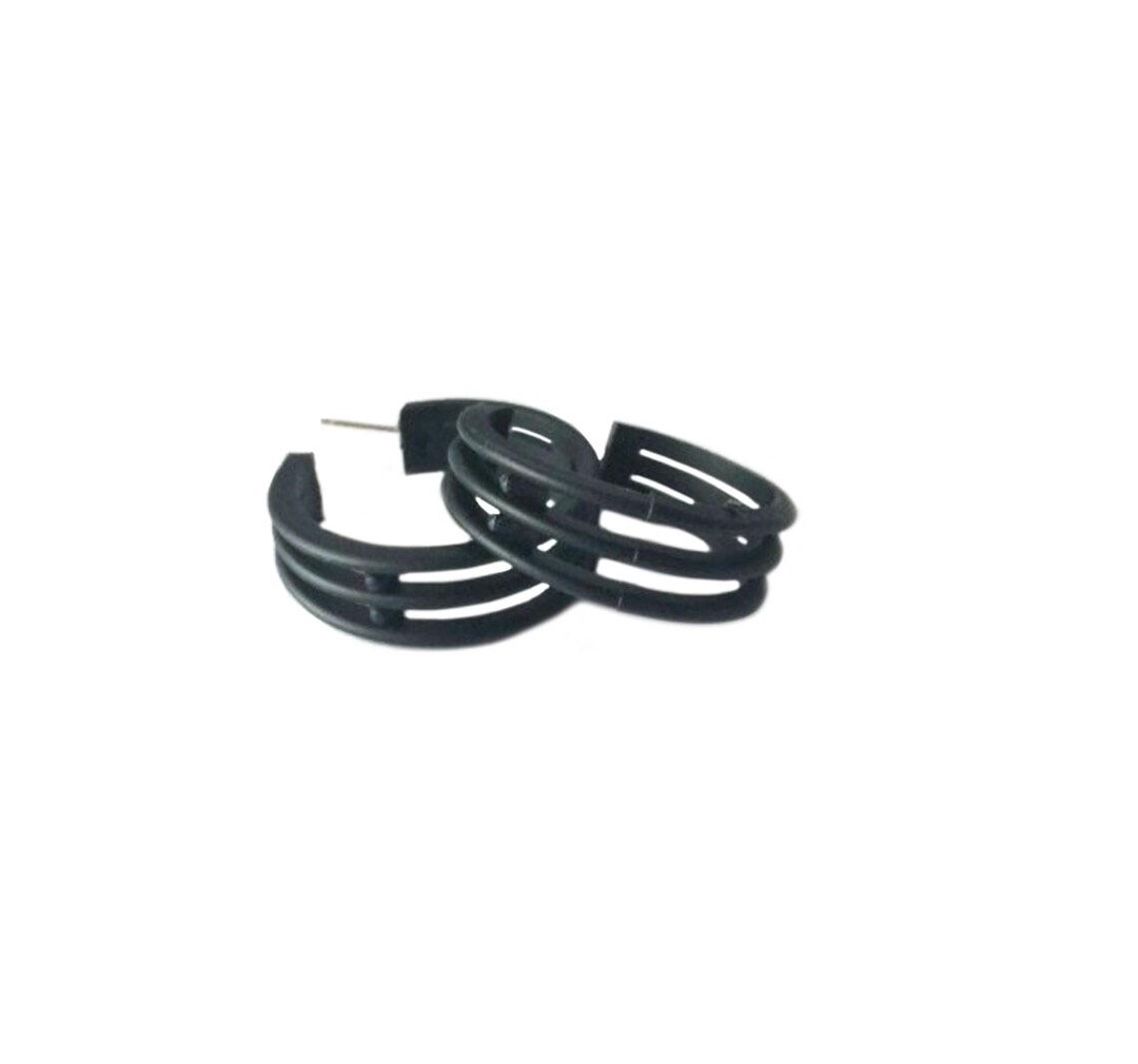 Vintage Retro 80s Black Round Circle Cage Three Striped Ridged Hollow ...